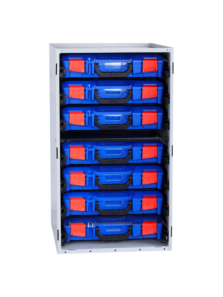 StorageTek Cabinet complete with 7 small Blue ABS cases with PC Lids ...
