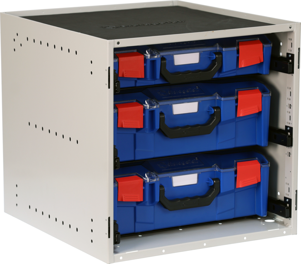 StorageTek Cabinet complete with 2 Large and 1 small Blue ABS cases ...