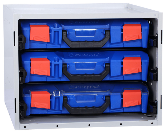 StorageTek Cabinet complete with 3 small Blue ABS cases with PC Lids ...